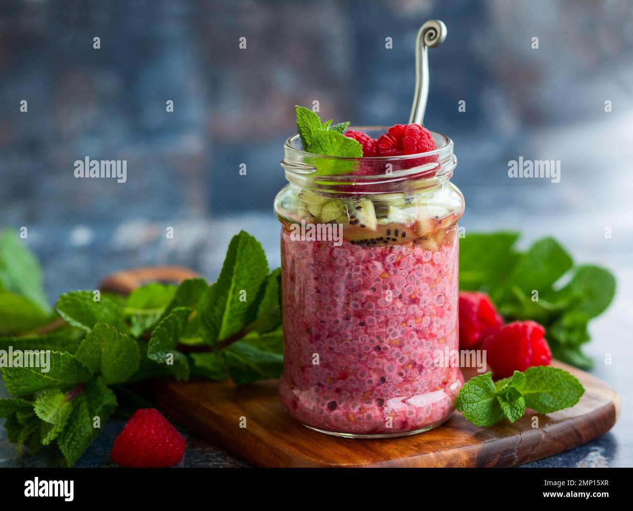 Raspberry and chia seeds pudding in jar for breakfast Stock Photo - Alamy