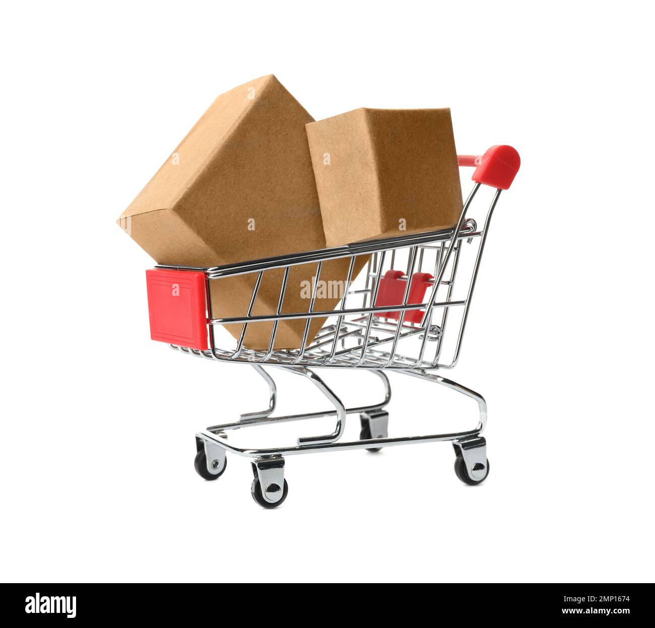 Shopping cart with boxes isolated on white. Logistics and wholesale ...
