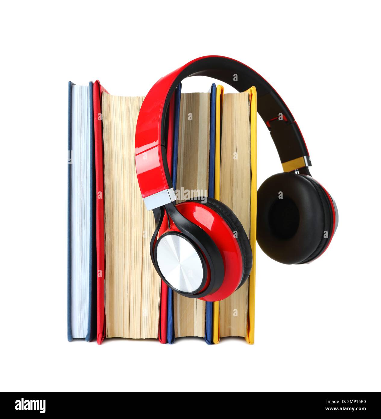 Books and modern headphones isolated on white Stock Photo - Alamy