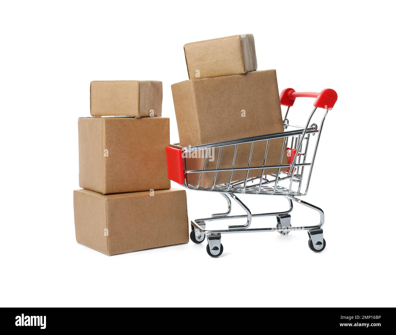 Shopping cart and boxes isolated on white. Logistics and wholesale ...