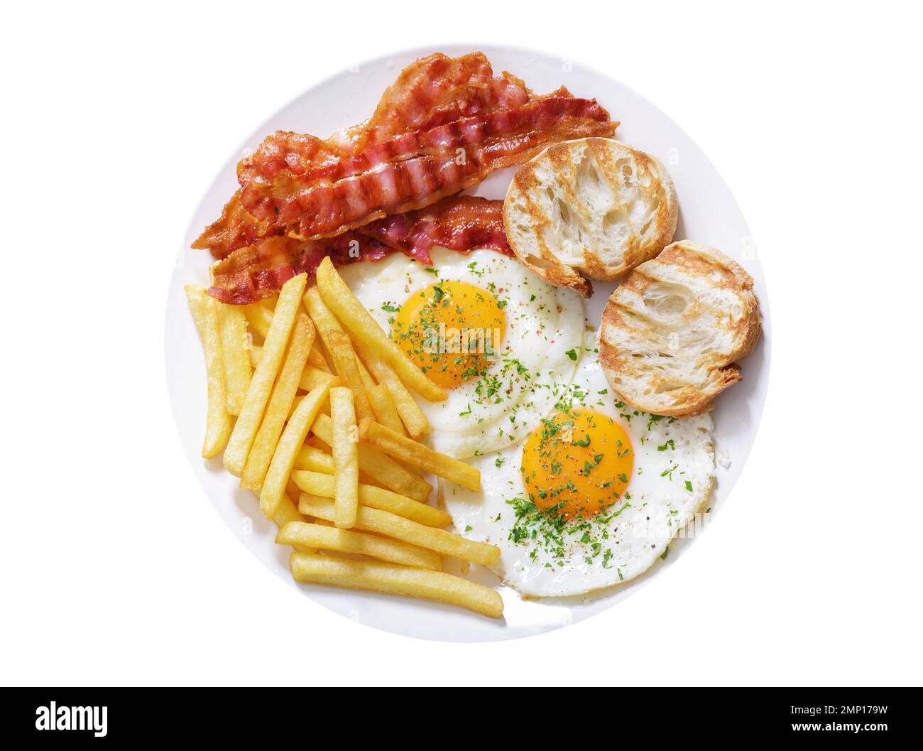 plate of fried eggs, bacon, french fries and toast isolated on white ...