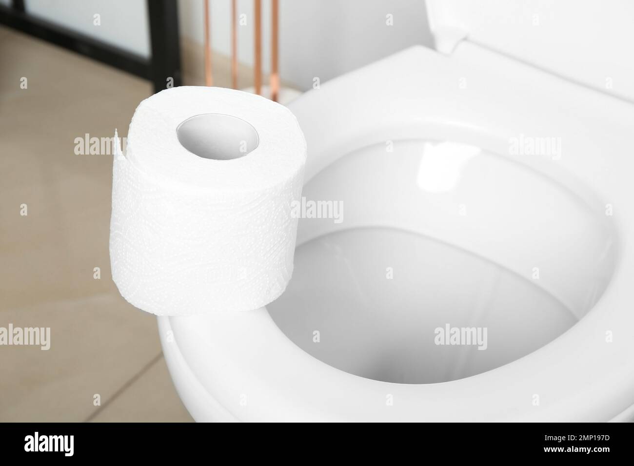 New paper roll on toilet seat in bathroom Stock Photo - Alamy