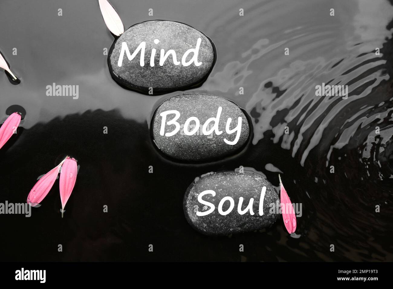 Spa stones with words Mind, Body, Soul and pink flower petals in water ...