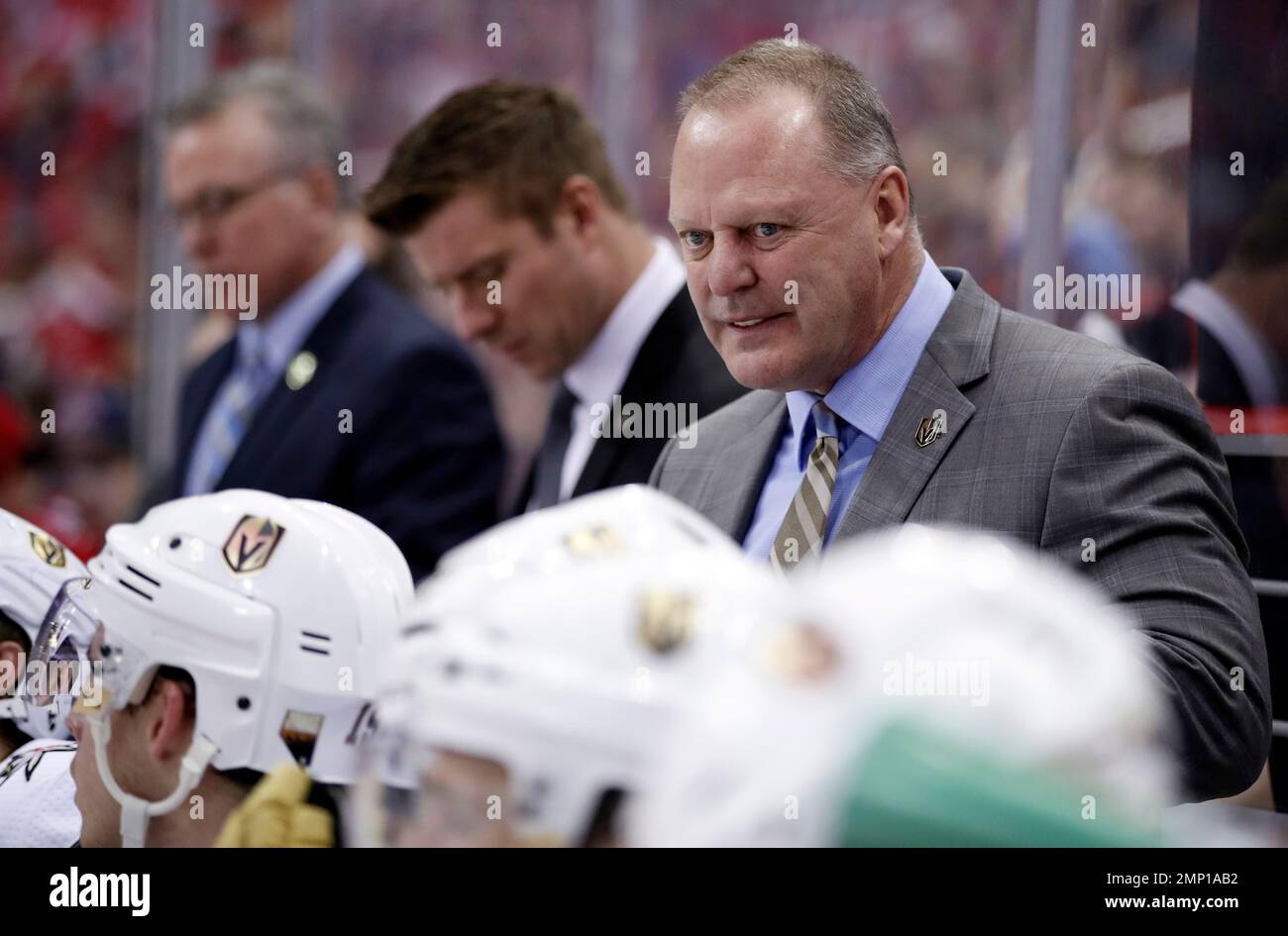 Vegas Golden Knights head coach Gerard Gallant stands in the bench in ...