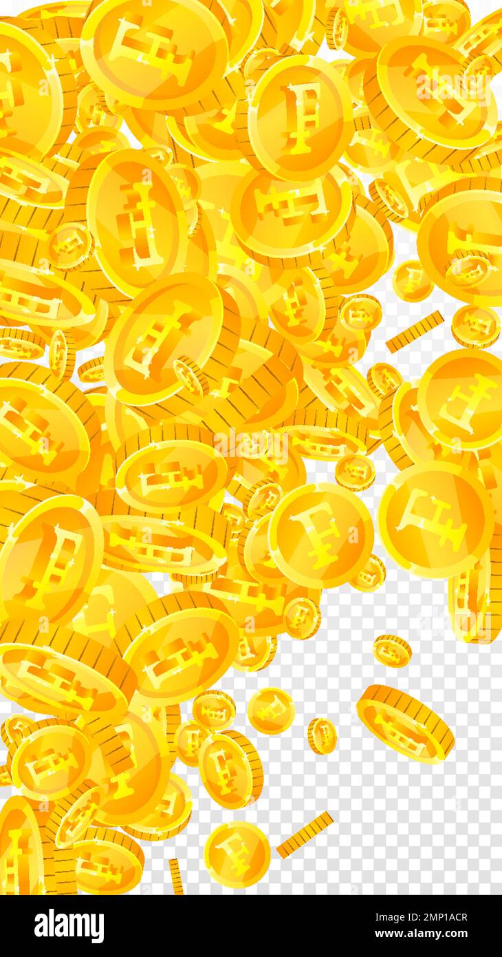 Swiss franc coins falling. Gold scattered CHF coins. Switzerland money ...