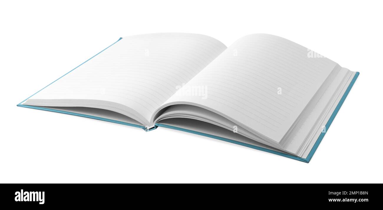 Stylish open notebook with blank sheets isolated on white Stock Photo ...