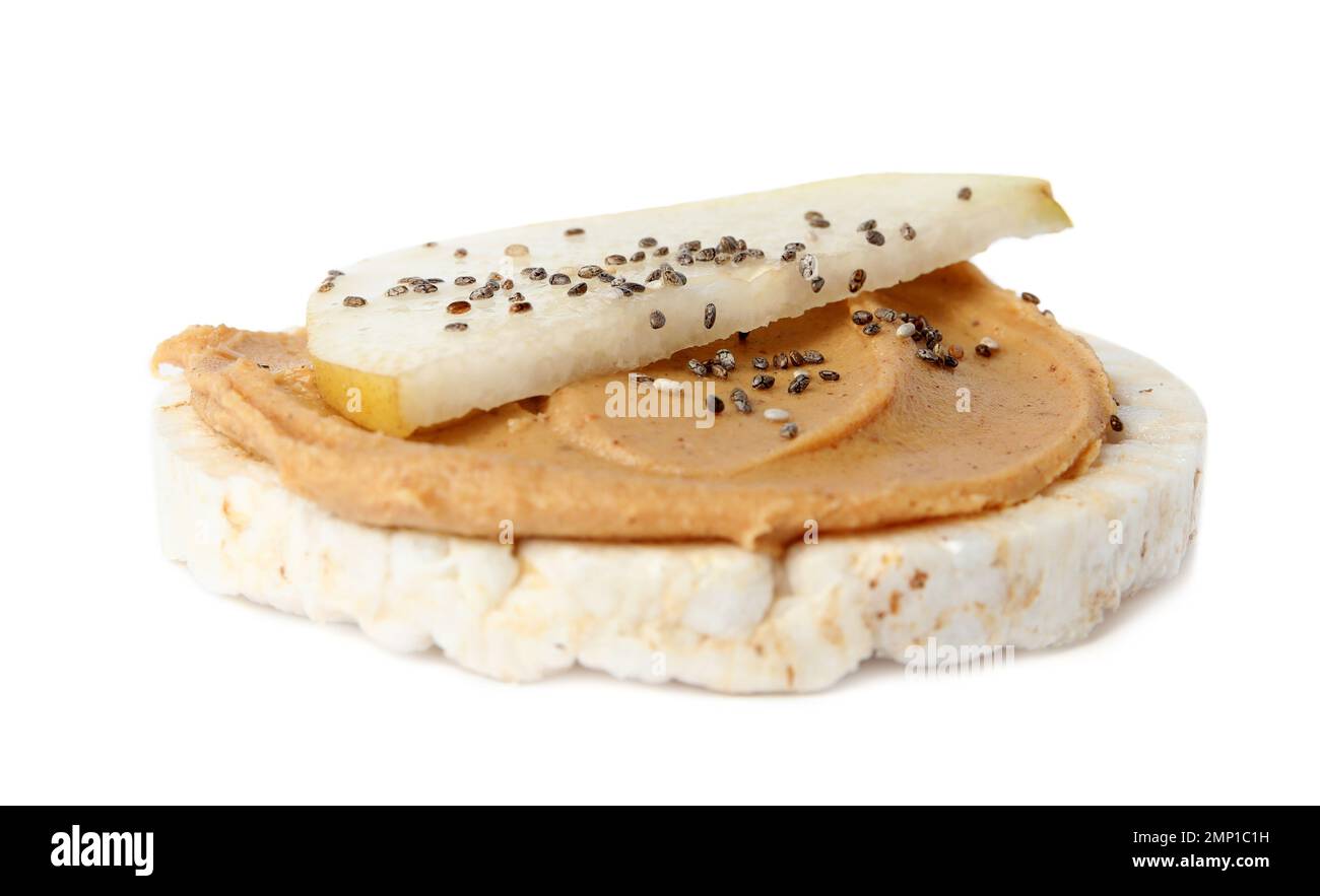 Puffed rice cake with peanut butter and pear isolated on white Stock ...