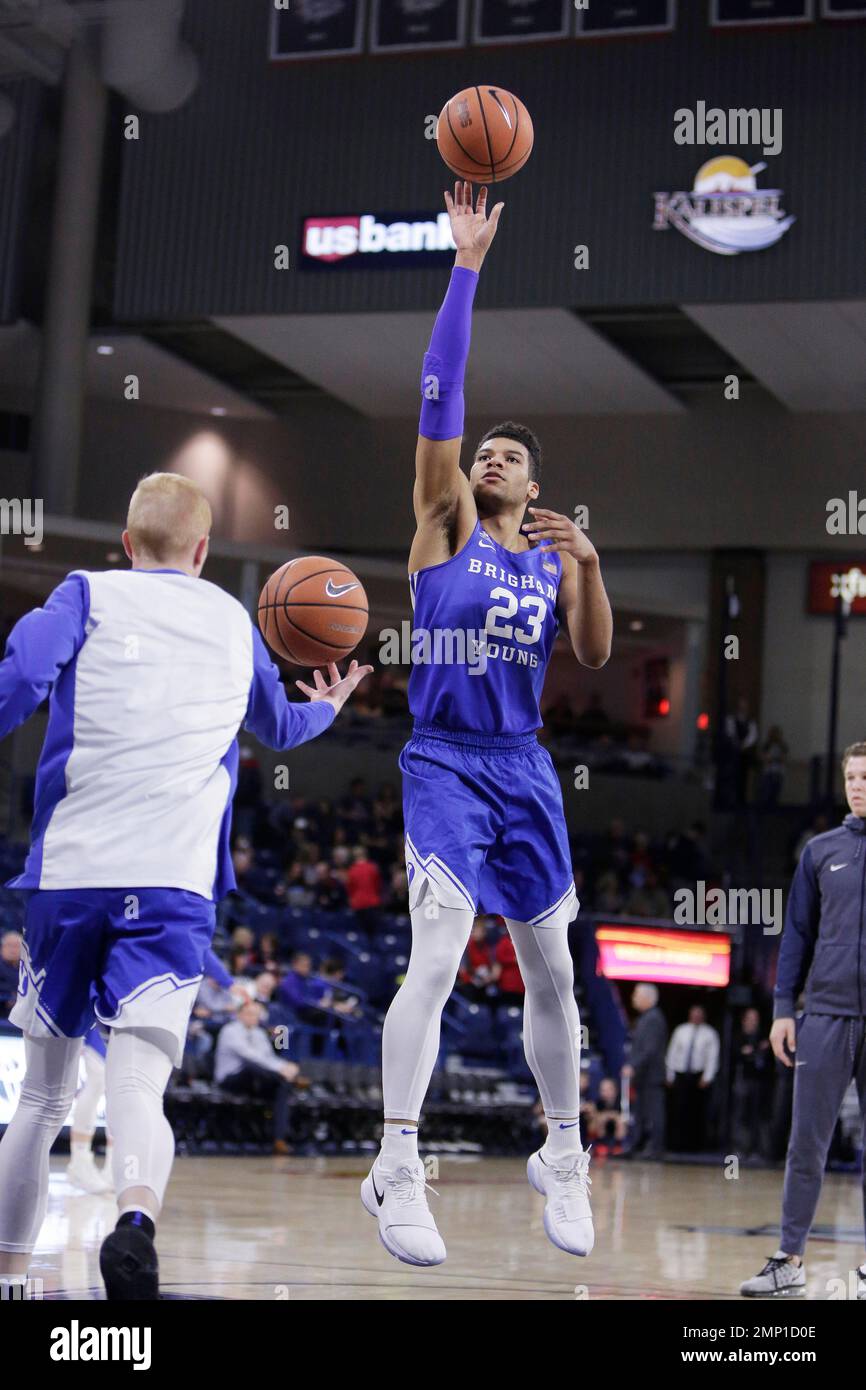 BYU forward Yoeli Childs (23) shoots during warmups before an NCAA ...