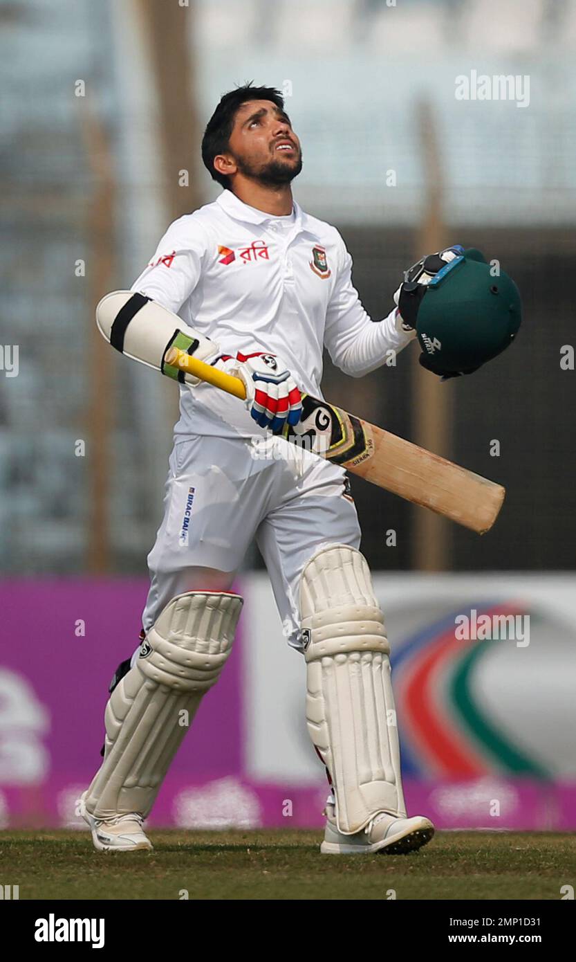 Bangladesh's Mominul Haque looks skywards to celebrate score hundred ...