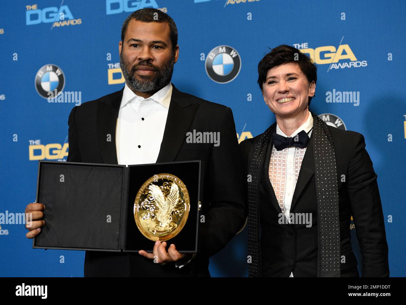 Kimberly Peirce, right, poses in the press room with Jordan Peele ...