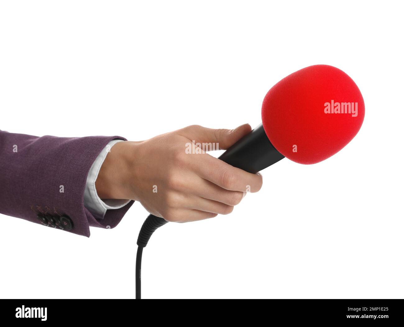 Professional journalist with microphone on white background, closeup ...