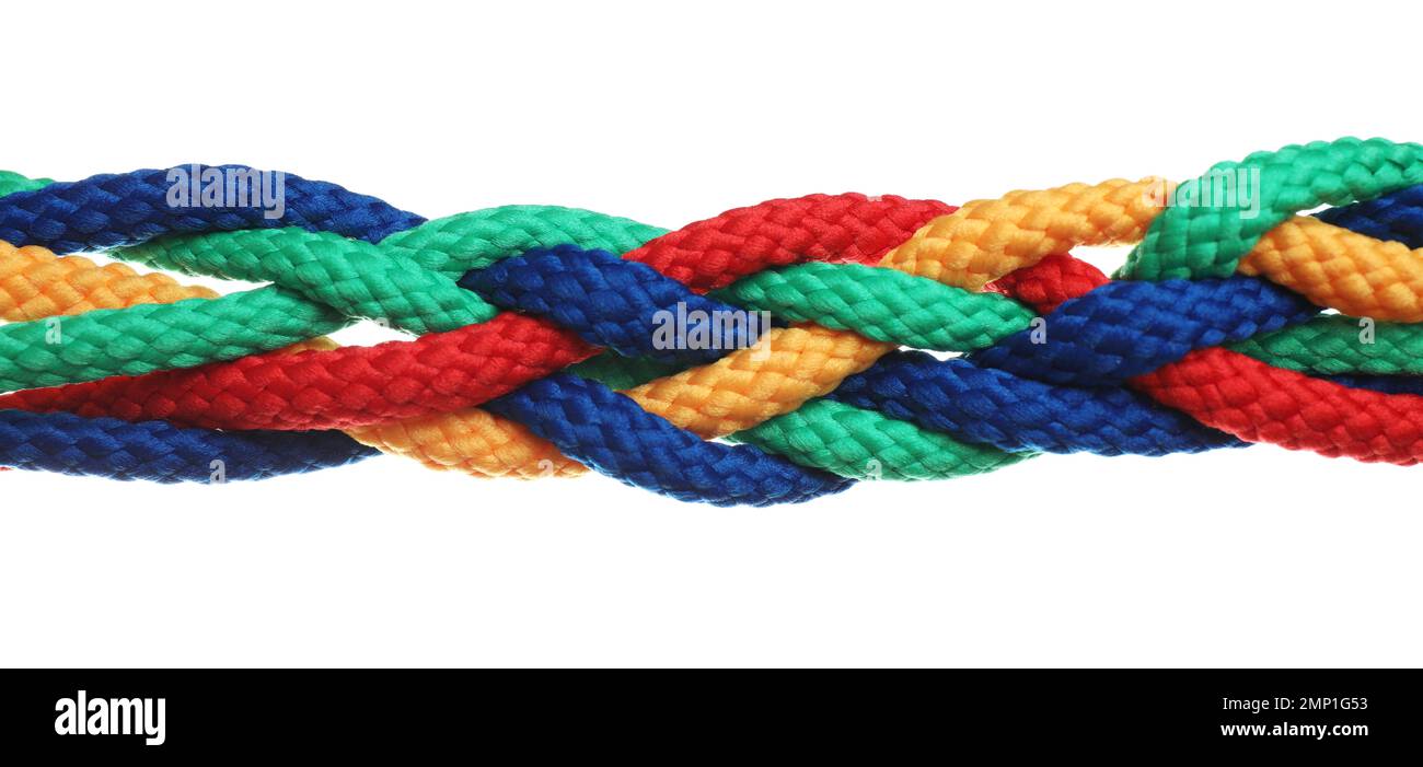 Braided colorful ropes isolated on white. Unity concept Stock Photo - Alamy
