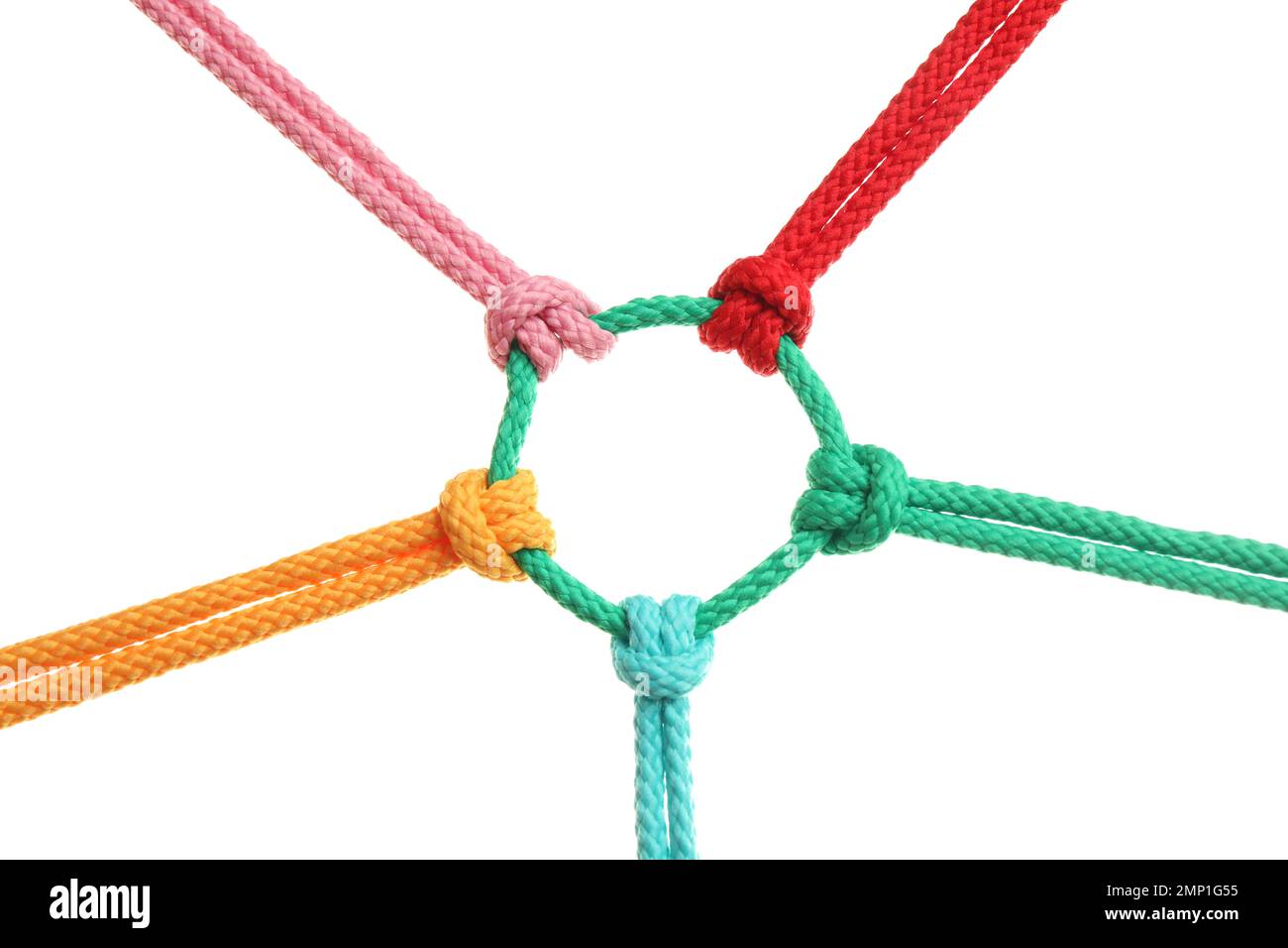 Colorful ropes tied together on white background. Unity concept Stock ...