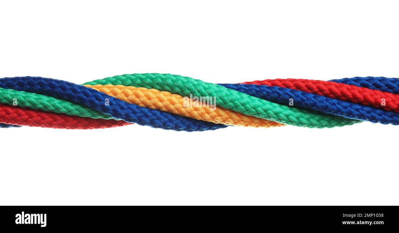 Twisted colorful ropes isolated on white. Unity concept Stock Photo - Alamy