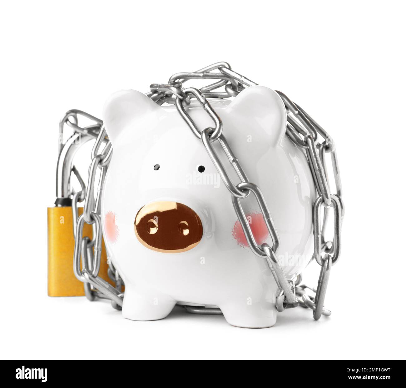 Piggy bank with steel chain and padlock isolated on white. Money safety ...