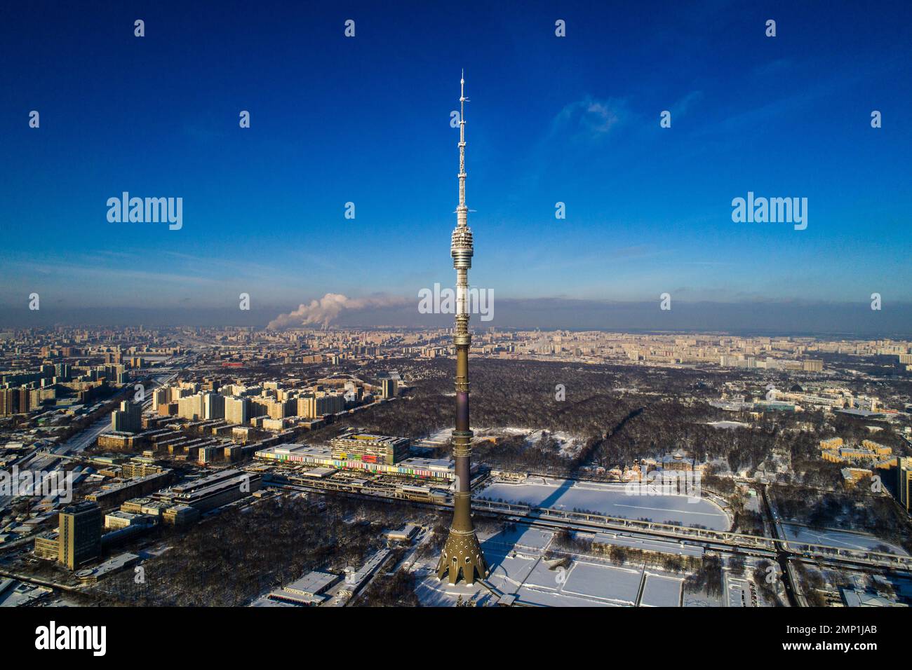 An aerial view of the Moscow's Ostankino TV Tower in Moscow, Russia ...