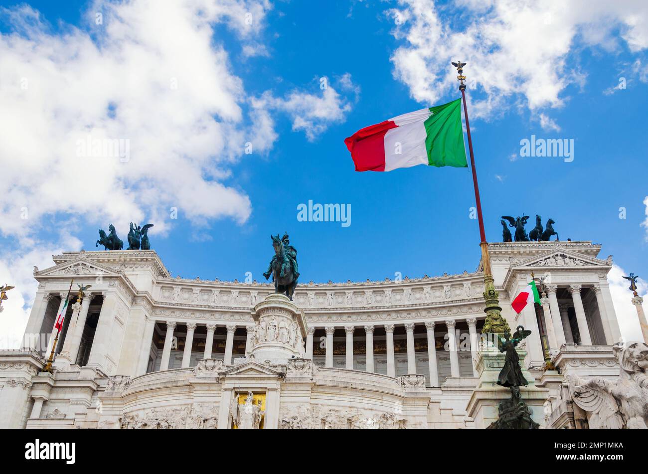 Italian flag on Vittoriano building, Rome, Italy. This monument is ...