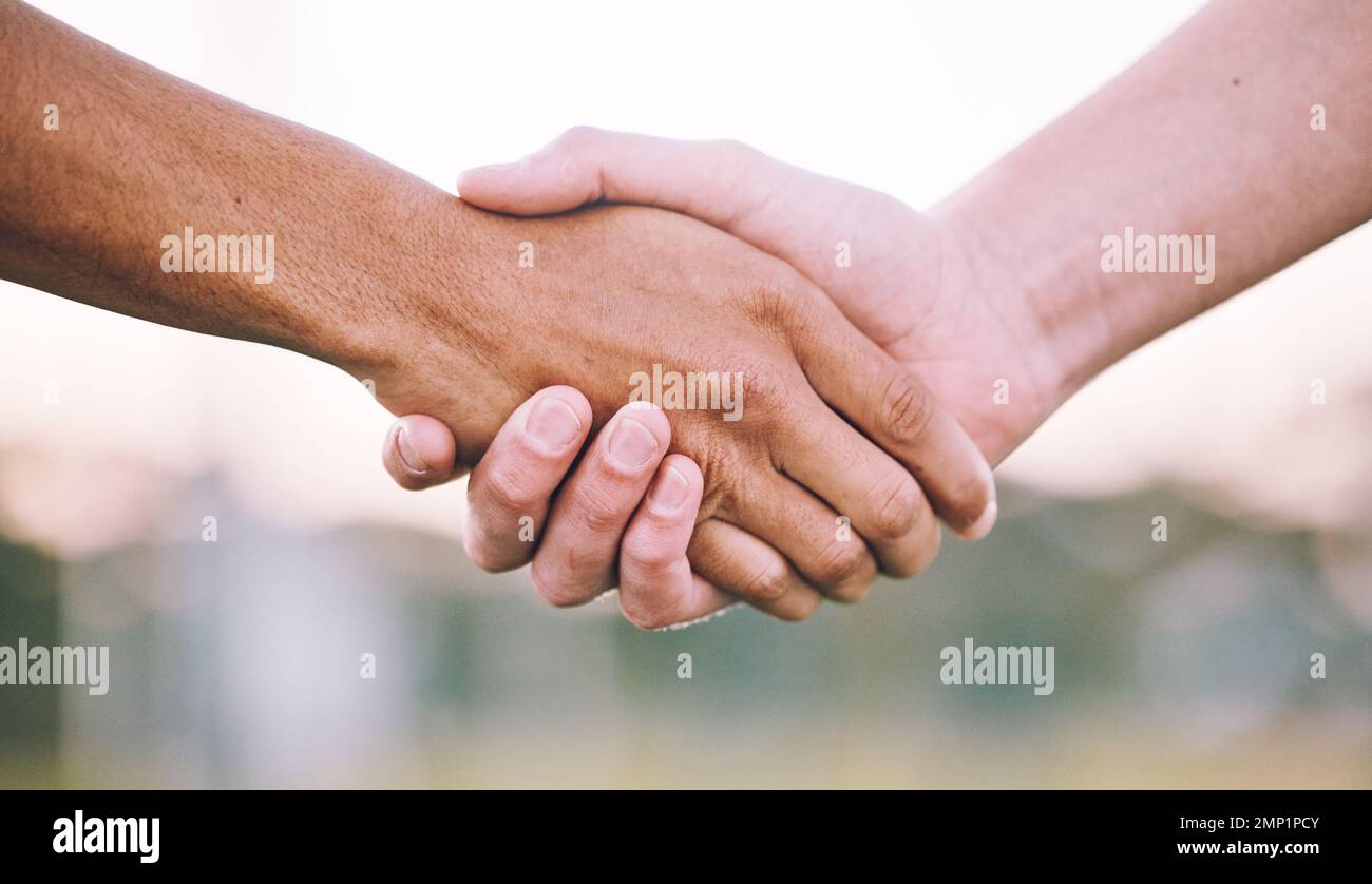 Closeup, handshake and support for sports, agreement and competition ...