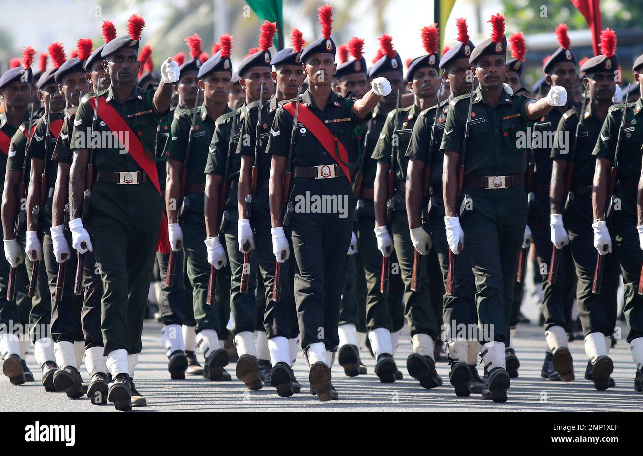Sri Lankan army soldiers march during a rehearsal for Independence Day ...