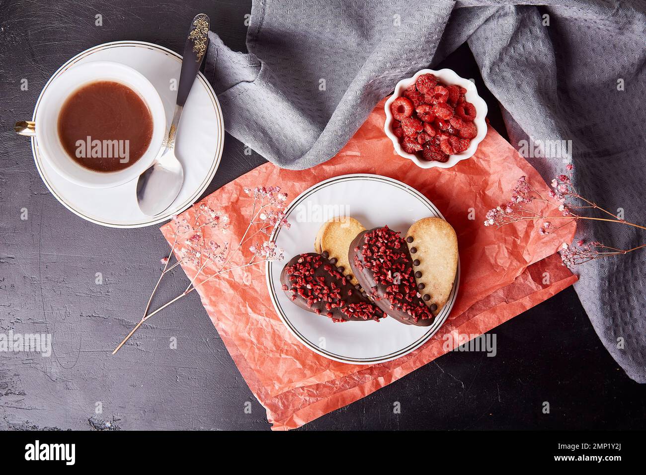 Vegan cookies in shape of heart, raspberries taste. Aesthetic, romantic ...