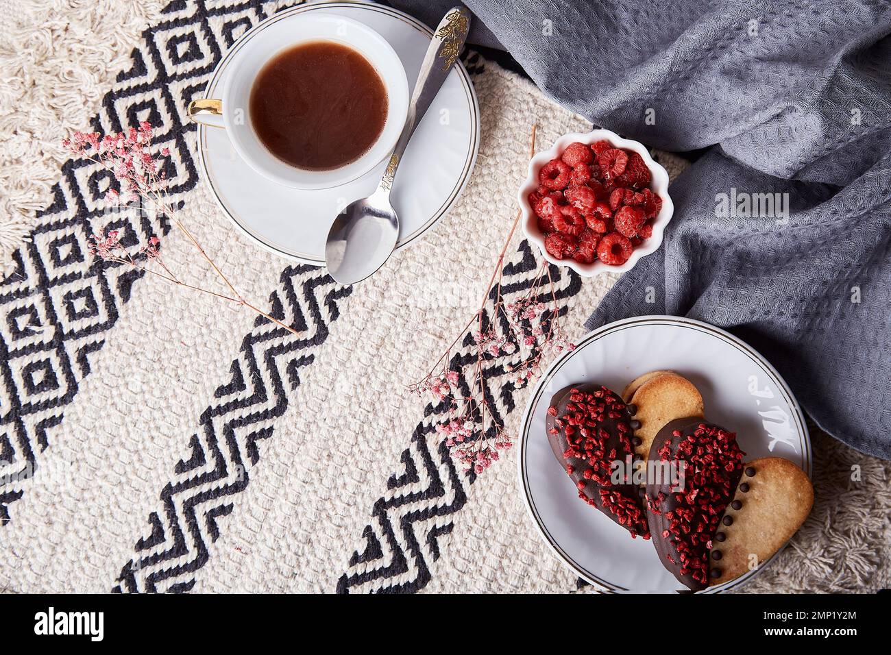 Aesthetic breakfast with cookies in heart shape with raspberries taste ...