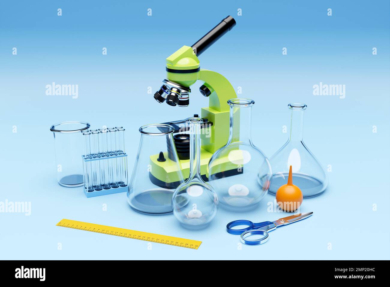 3d illustration of a set of laboratory instruments and a microscope ...