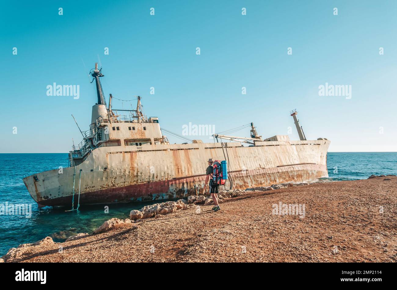 A ghost ship on a beach in Cyprus near Paphos. A tourist with a ...