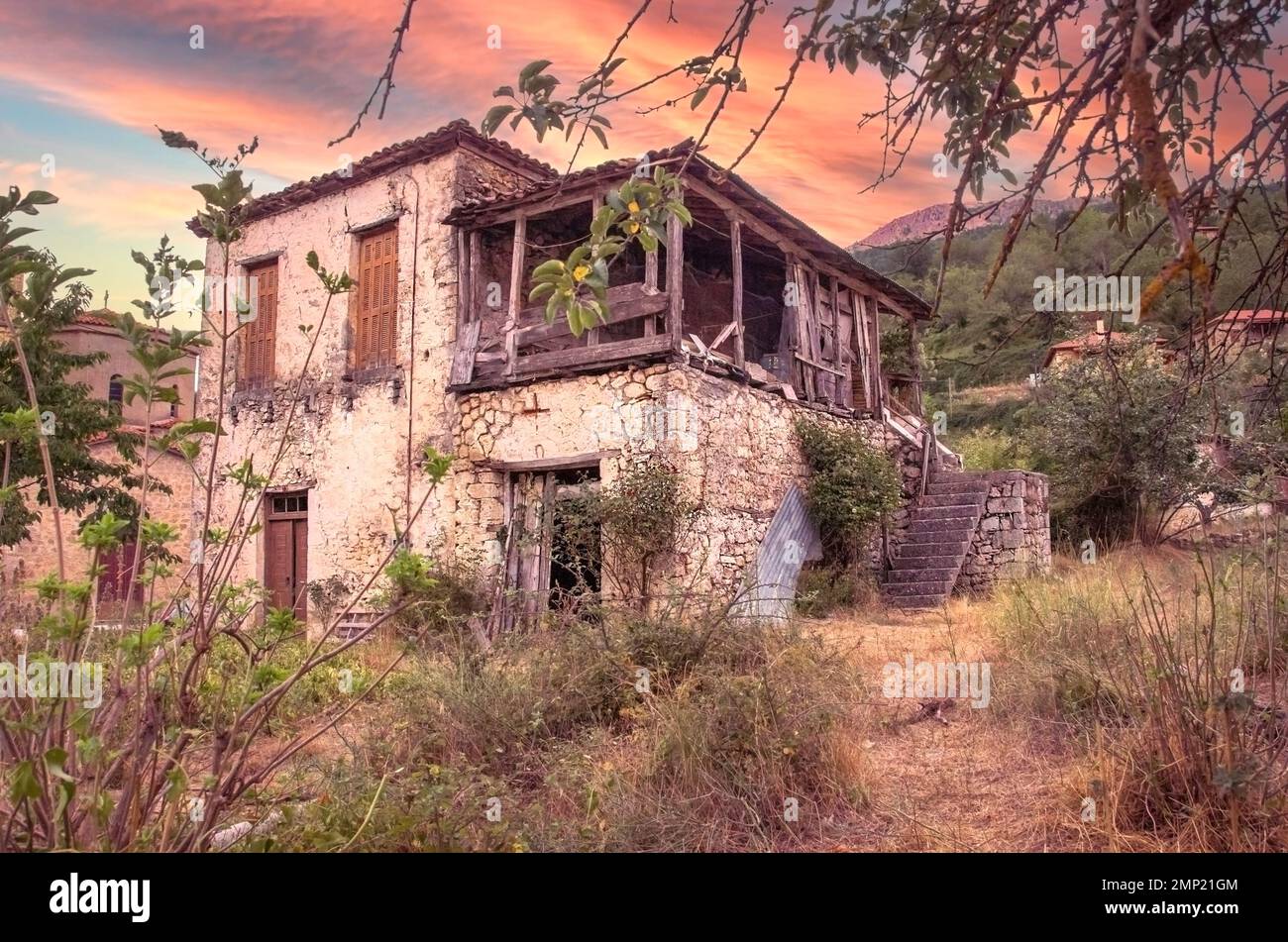 old stone house in Zarouhla village. Achaia, Greece Stock Photo - Alamy