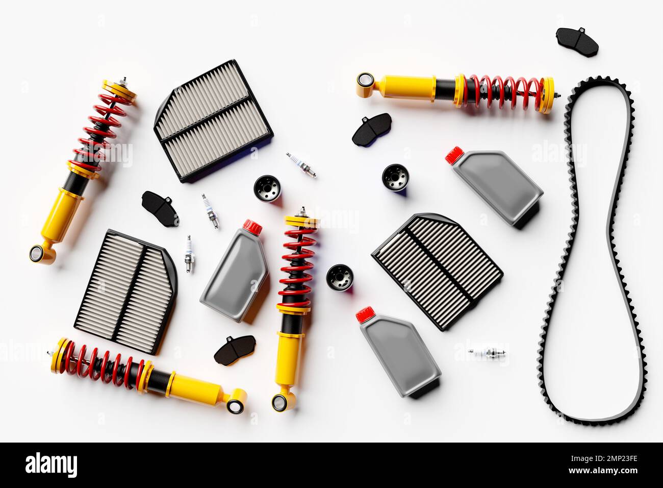 3d illustration of auto parts car shock absorber, oil canister, fuel ...