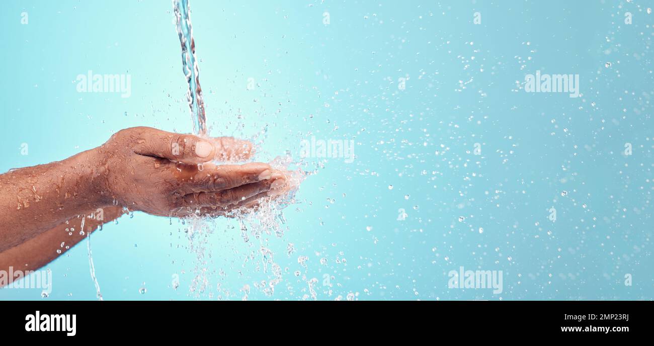 Water stream, splash and black hands with mockup for cleaning and ...