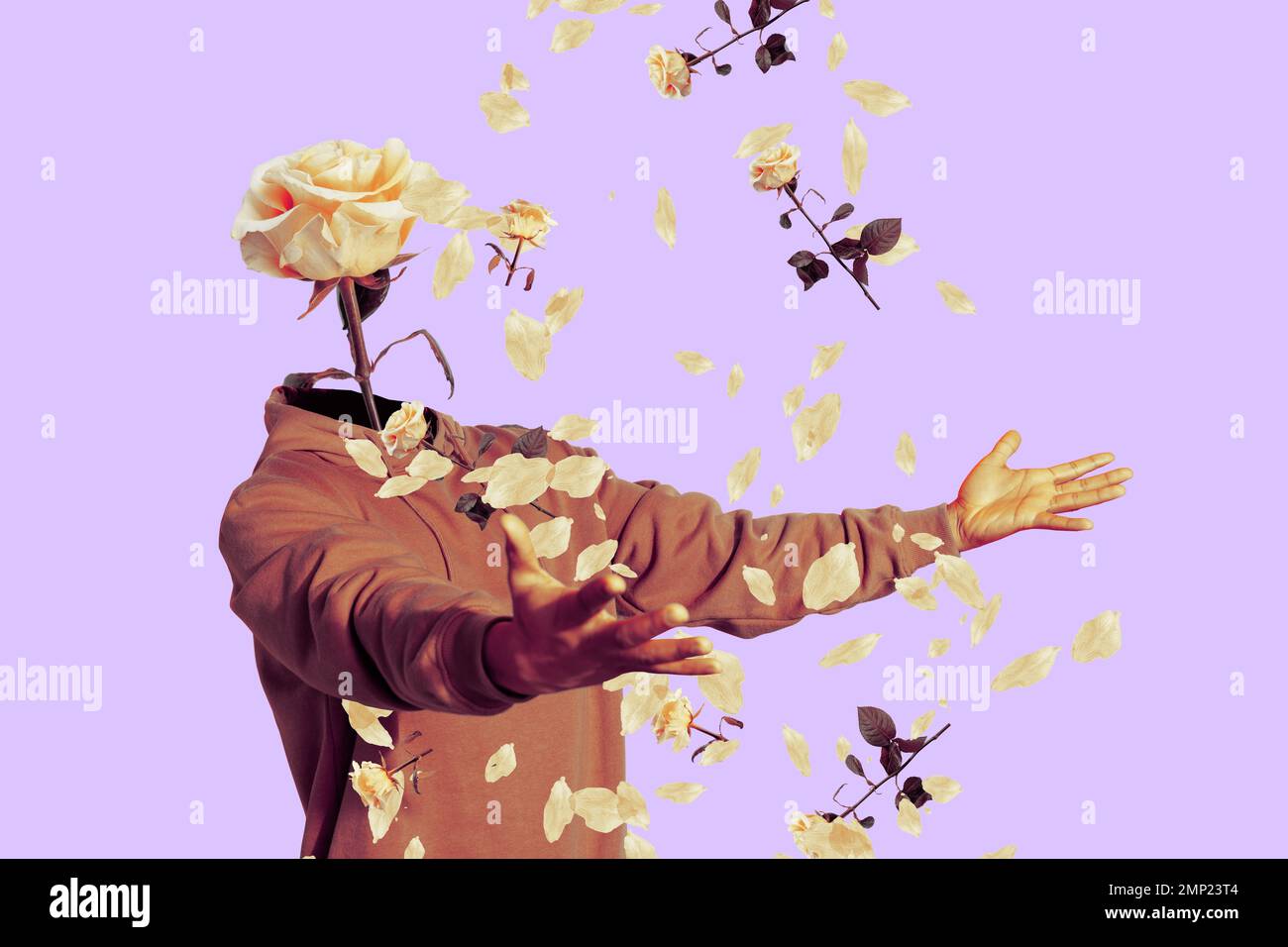 Creative collage picture of person raise opened arms flower instead ...