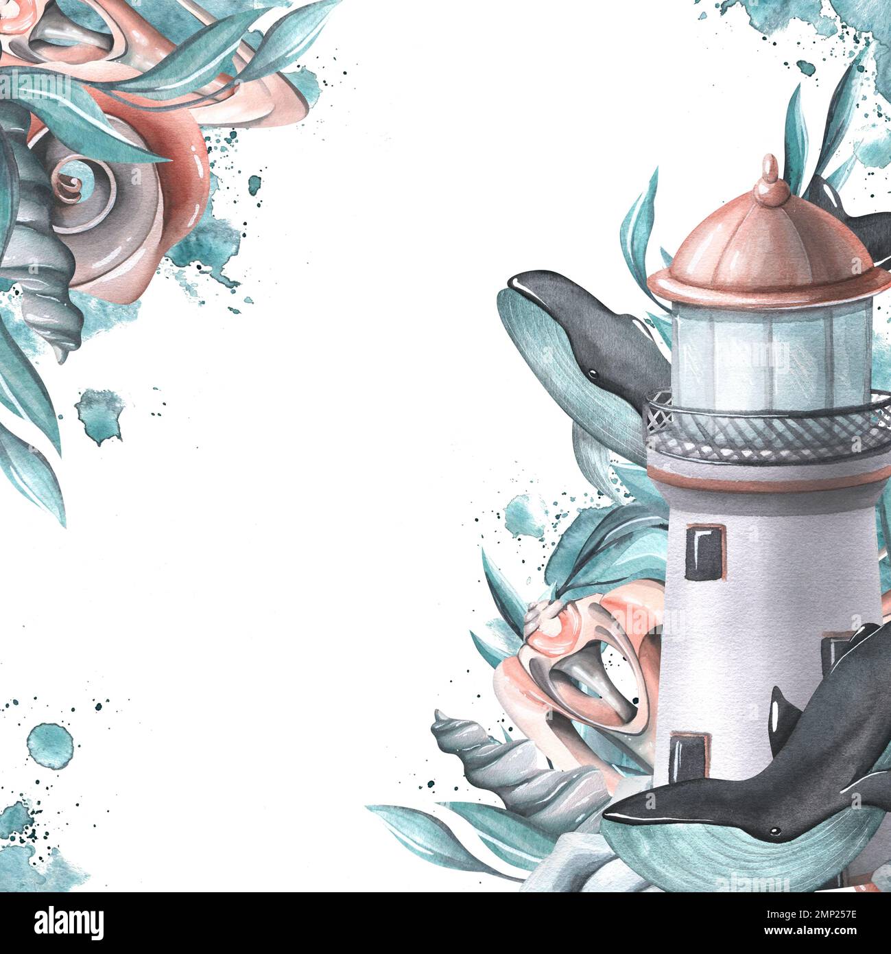 A marine lighthouse with whales, algae and shells. Watercolor ...