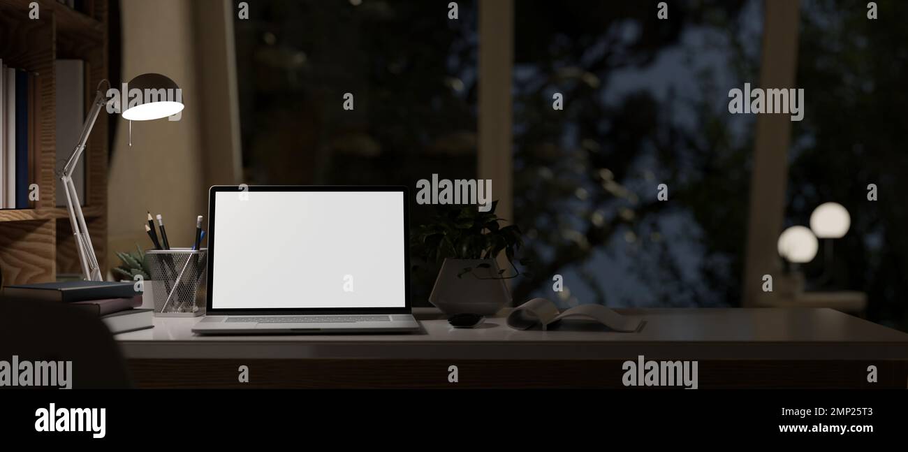 Modern Dark Workspace With Laptop White Screen Mockup Table Lamp