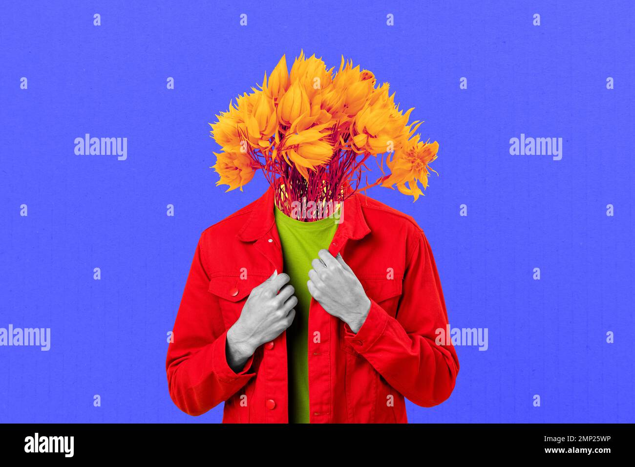 Composite collage image of headless person bunch fresh flowers instead ...