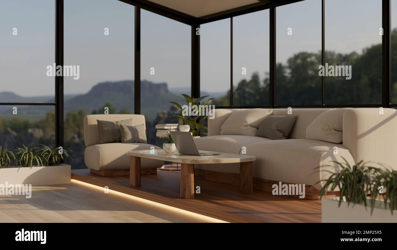 Luxury contemporary living room interior design with comfortable couch, coffee table ...