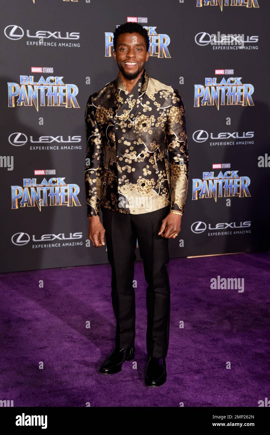 Chadwick Boseman, star of "Black Panther," poses at the premiere of the ...