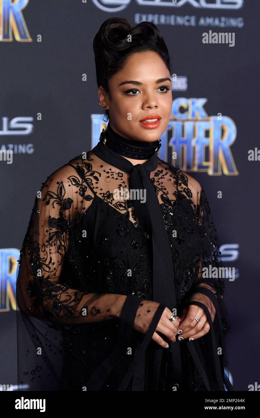 Actress Tessa Thompson poses at the premiere of the film "Black Panther ...