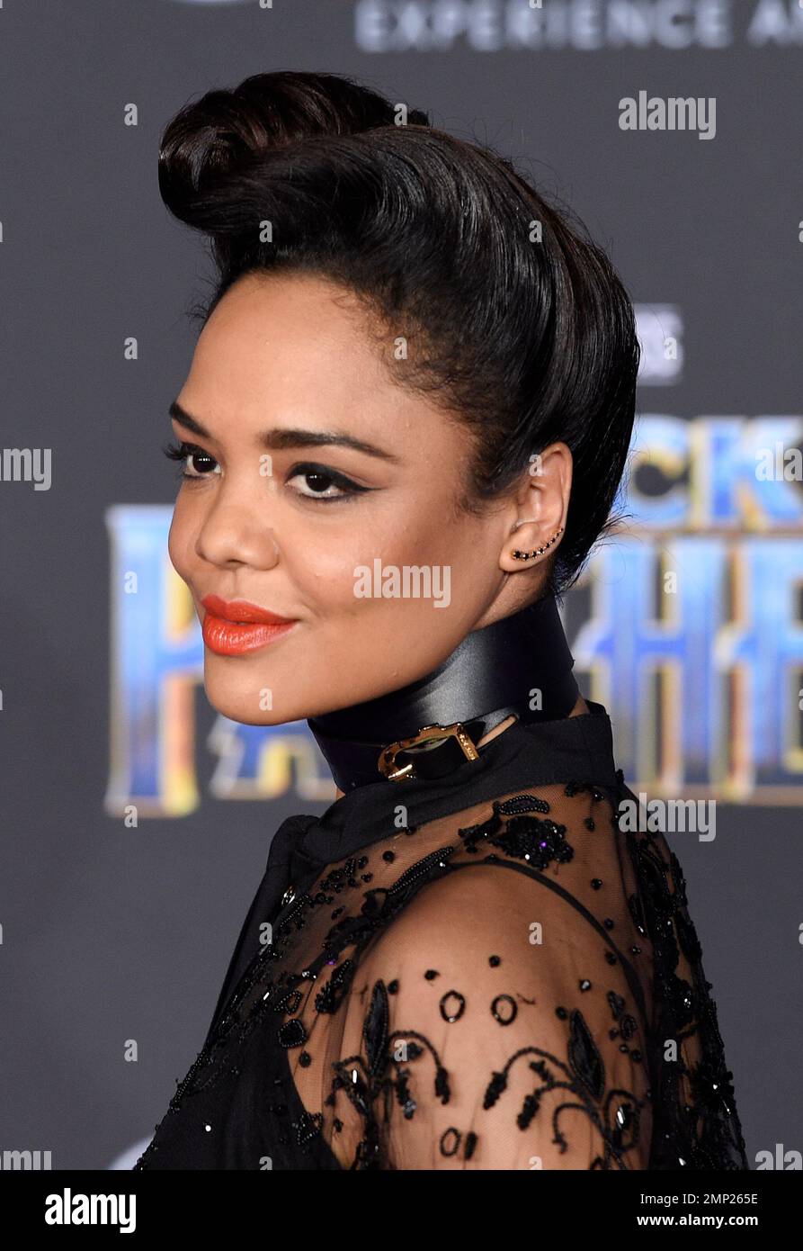 Actress Tessa Thompson poses at the premiere of the film "Black Panther ...