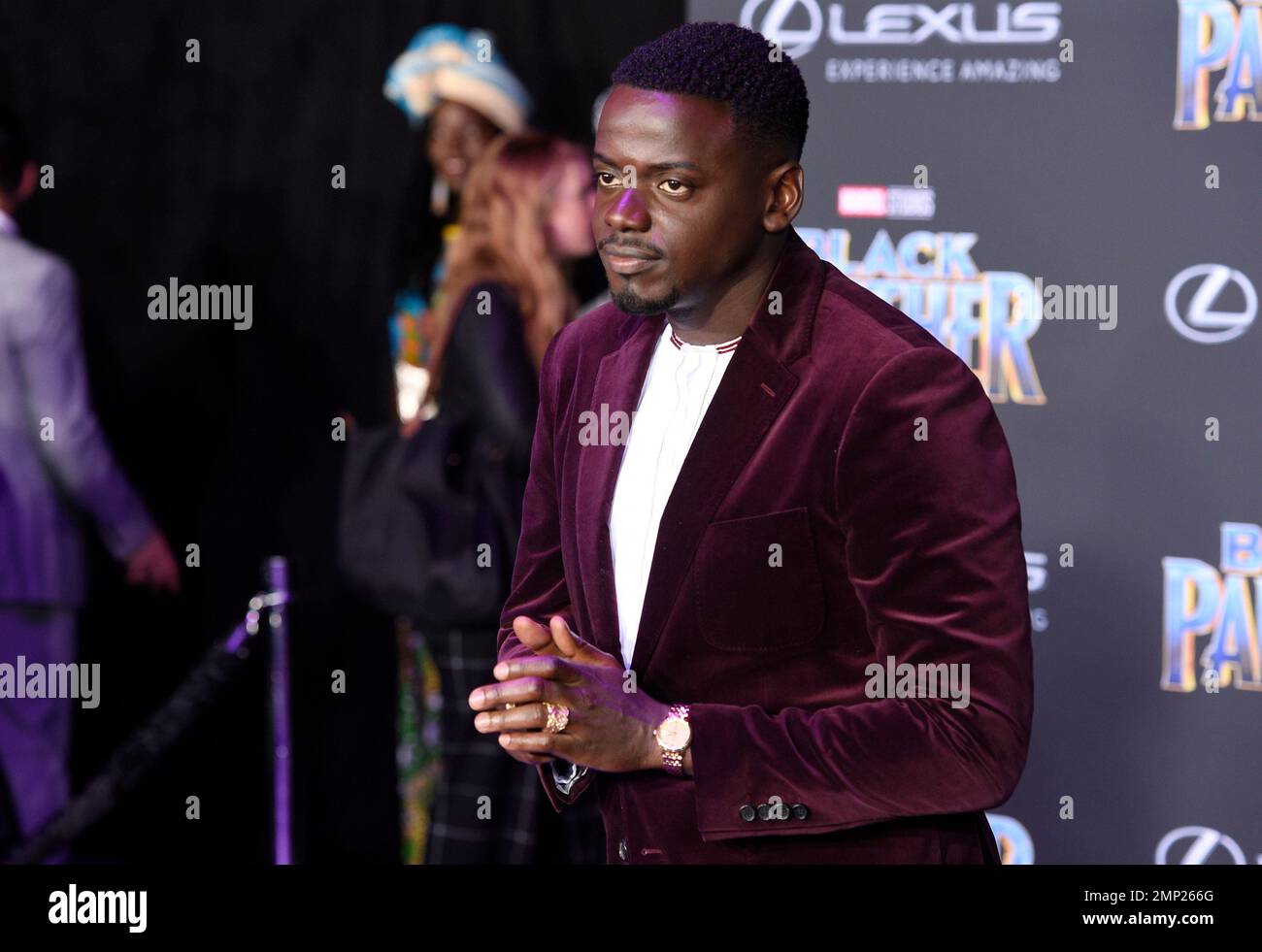 Daniel Kaluuya, a cast member in "Black Panther," poses at the premiere ...
