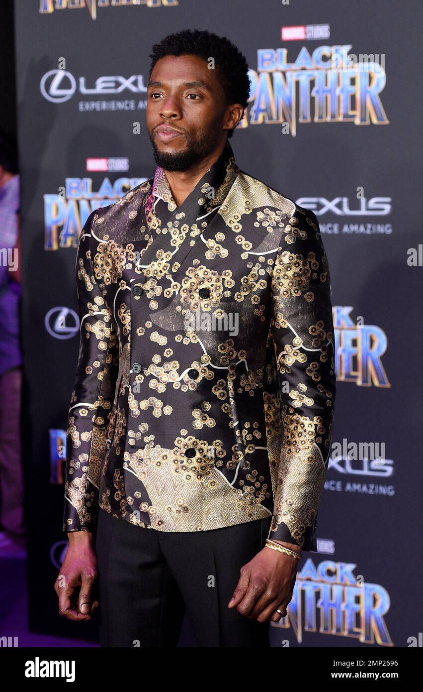 Chadwick Boseman, star of "Black Panther," poses at the premiere of the ...
