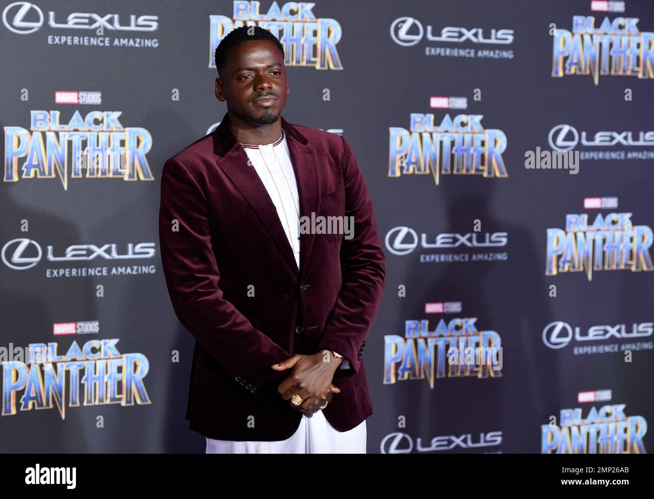 Daniel Kaluuya, a cast member in "Black Panther," poses at the premiere ...