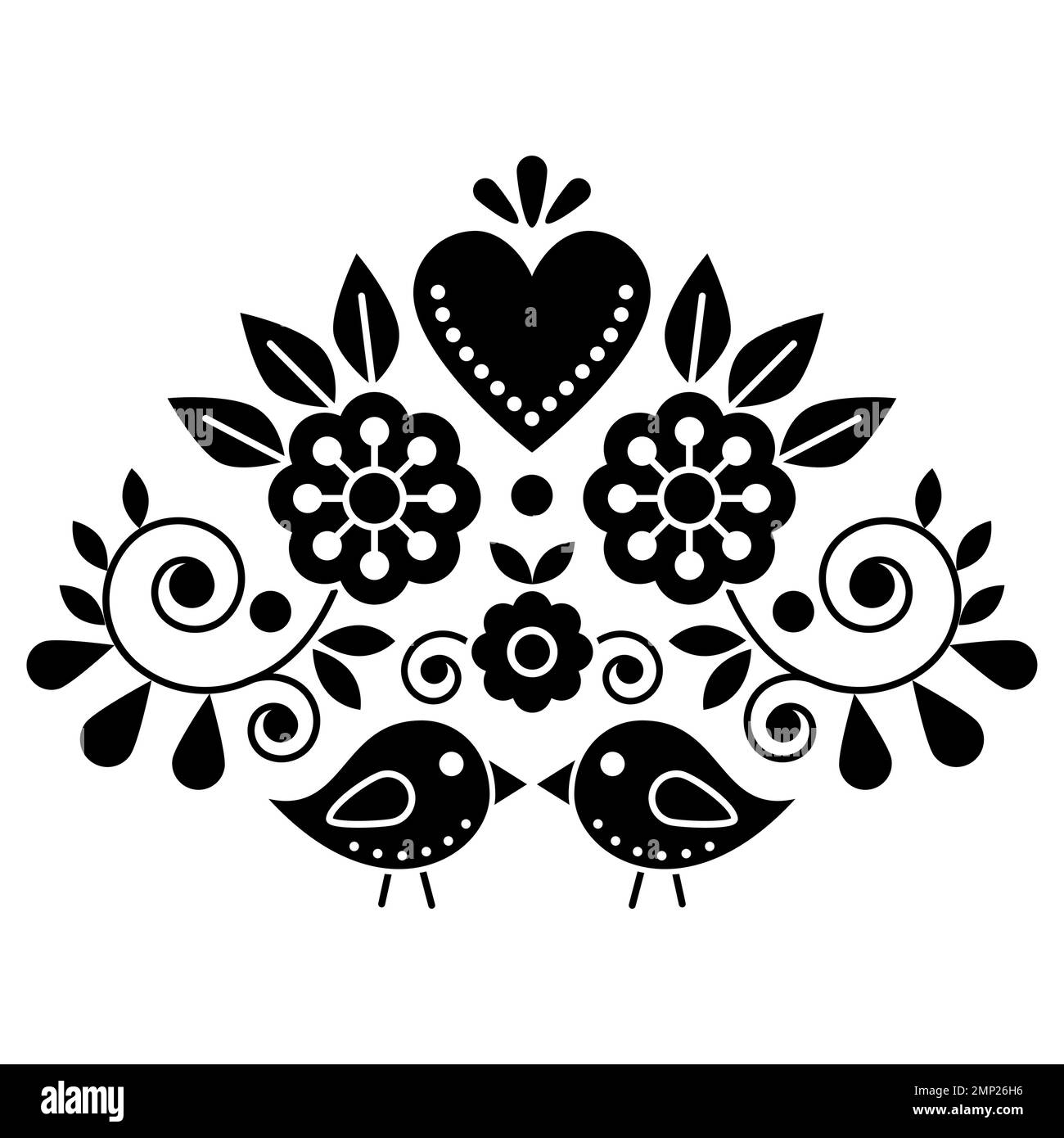 Scandinavian, Nordic folk art vector black and white pattern with birds ...