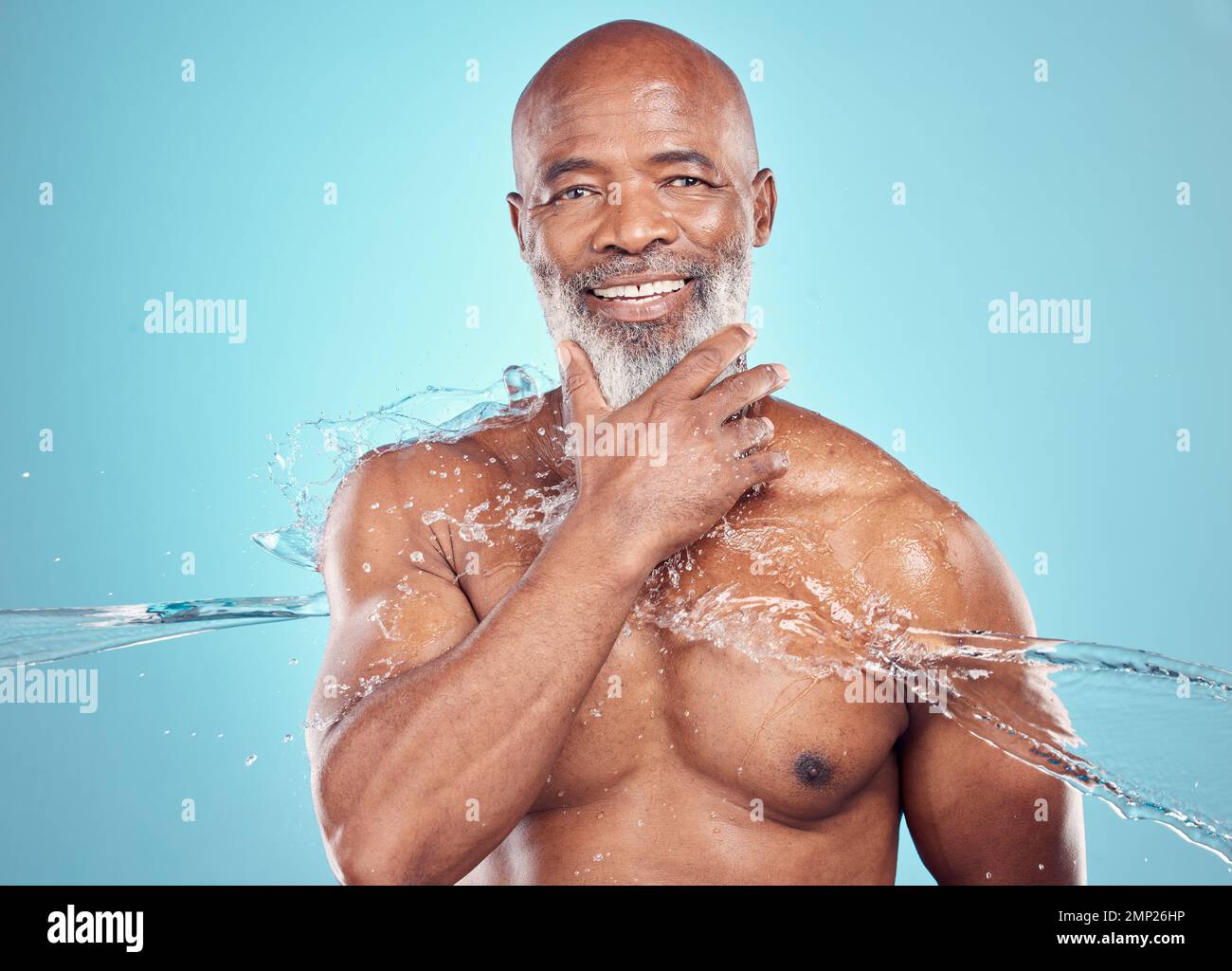 Grooming, hygiene and portrait of black man with a water splash ...