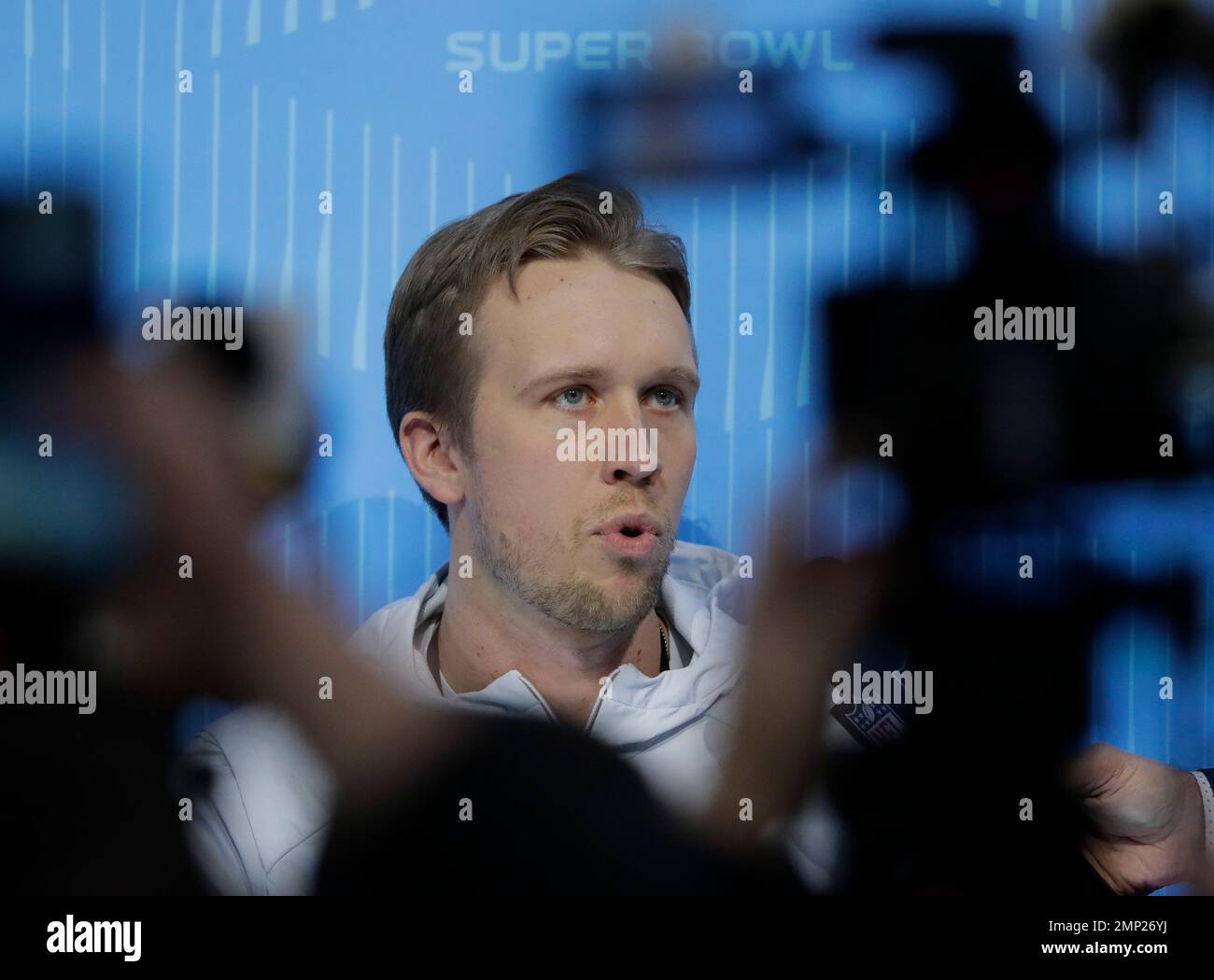 Philadelphia Eagles' Nick Foles talks during NFL football Super Bowl 52 ...