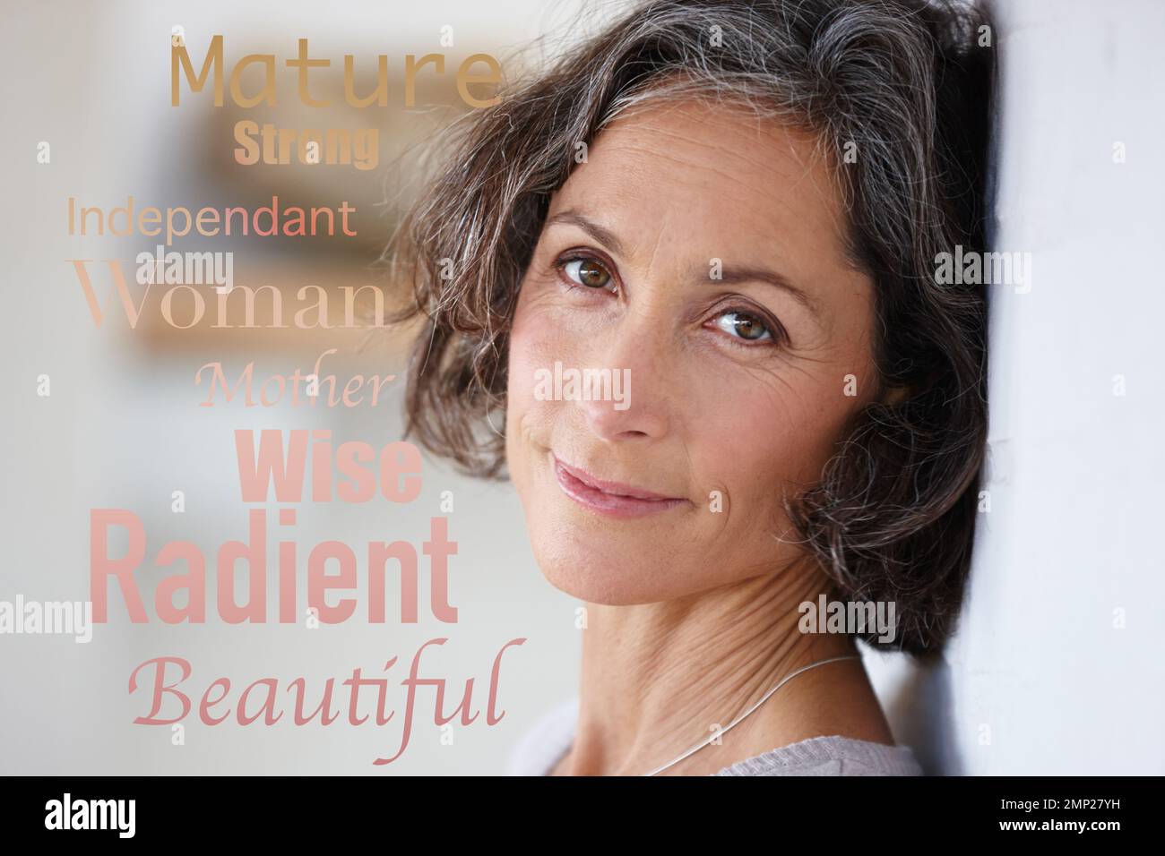 Words overlay, letter collage and portrait of a mature woman face in ...