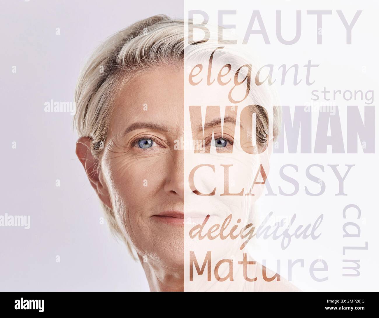 Beauty, skincare and senior woman in text overlay for makeup or ...