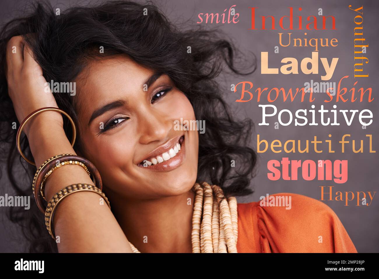 Beautiful, confident and portrait of a woman with words of affirmation ...