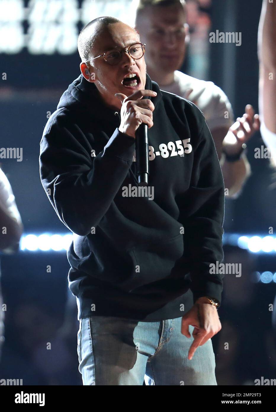 Logic performs "1-800-273-8255" at the 60th annual Grammy Awards at ...