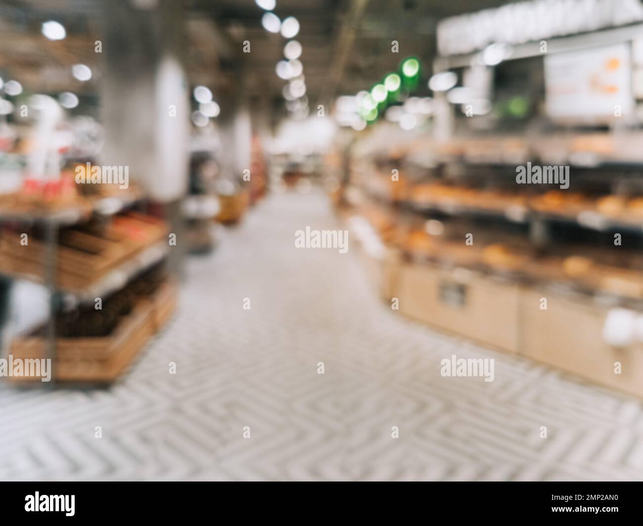Abstract blurred supermarket aisle with bread, bakery products and ...