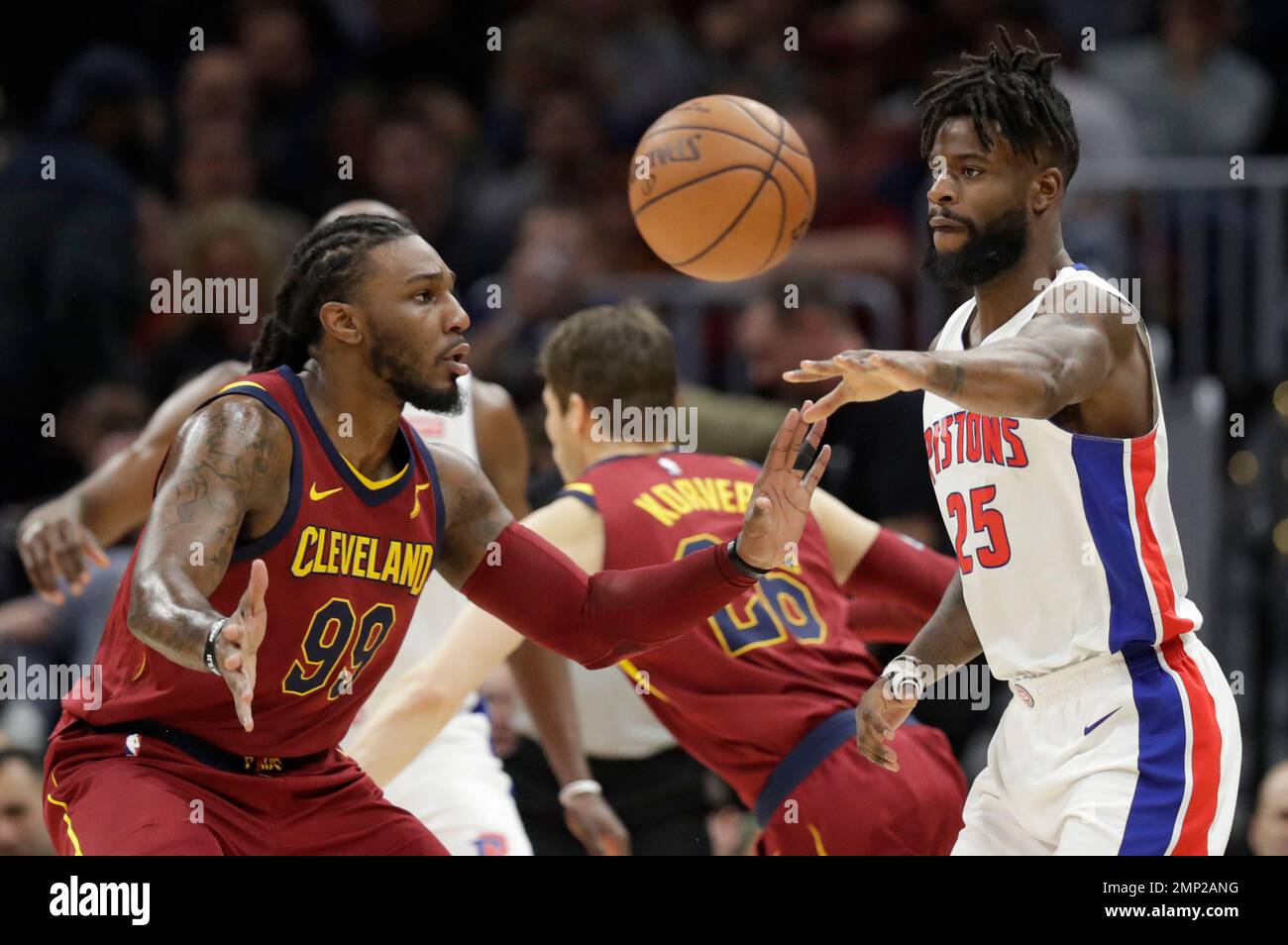 Detroit Pistons' Reggie Bullock (25) passes against Cleveland Cavaliers ...